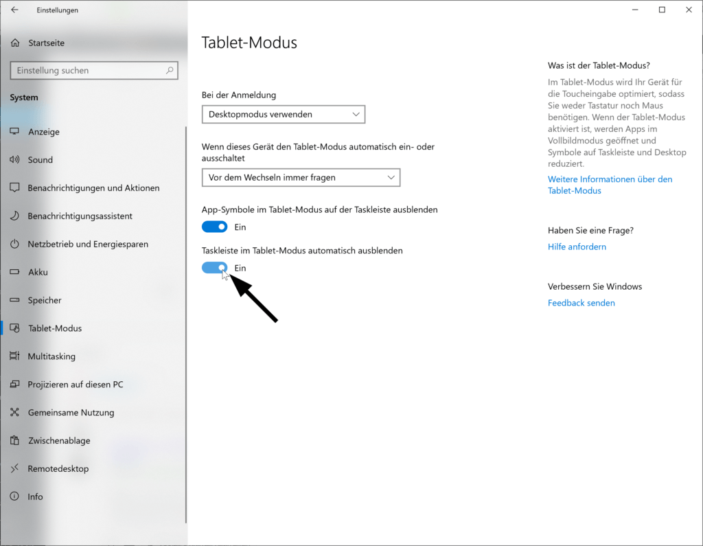 Taskleiste im Tablet-Modus in Windows 10 automatisch ausblenden ...
